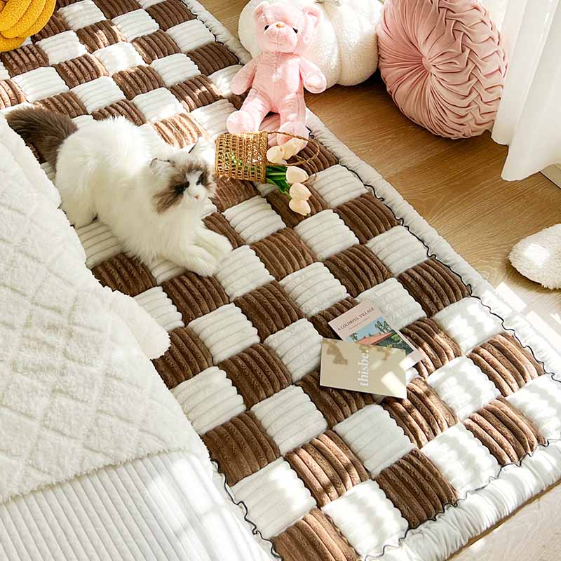 Cream-colored Large Plaid Square Fuzzy Pet Dog Mat Bed Couch Cover ...